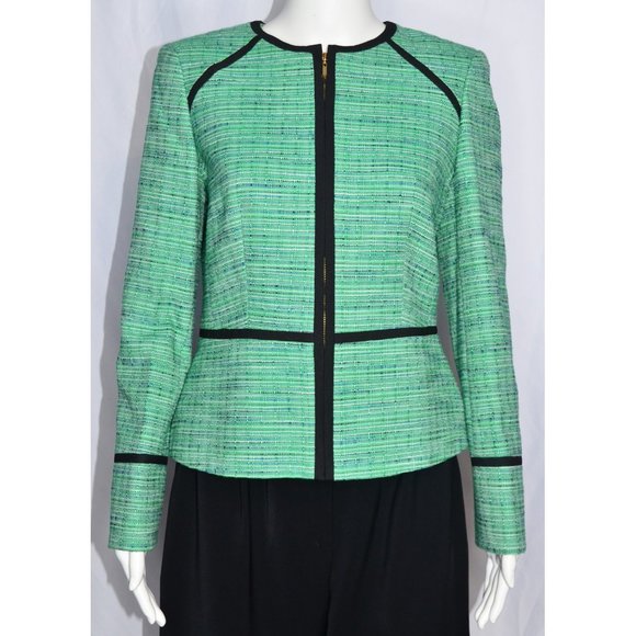 Anne Klein | Jackets & Coats | Anne Klein Tweed Zip Up Jacket Greenblue With Black Trim Preppy ...